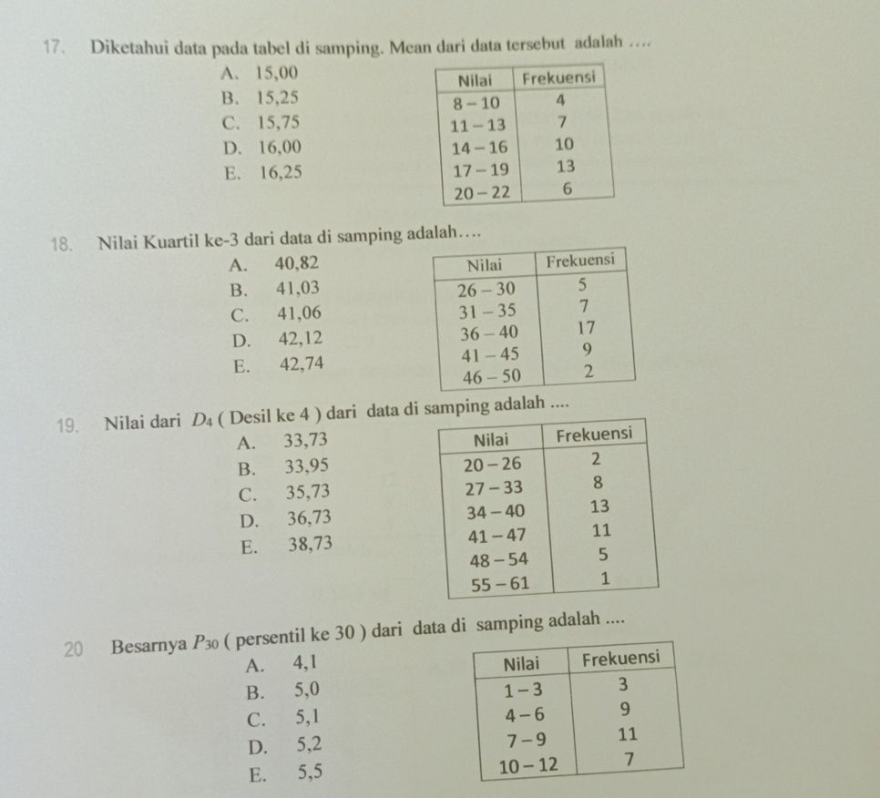 17. Diketahui data pada tabel di samping. | StudyX