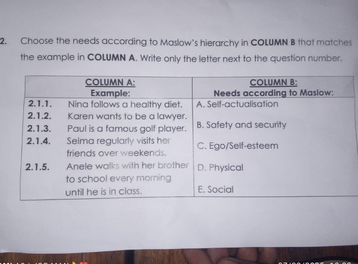 2. Choose the needs according to Maslow's | StudyX