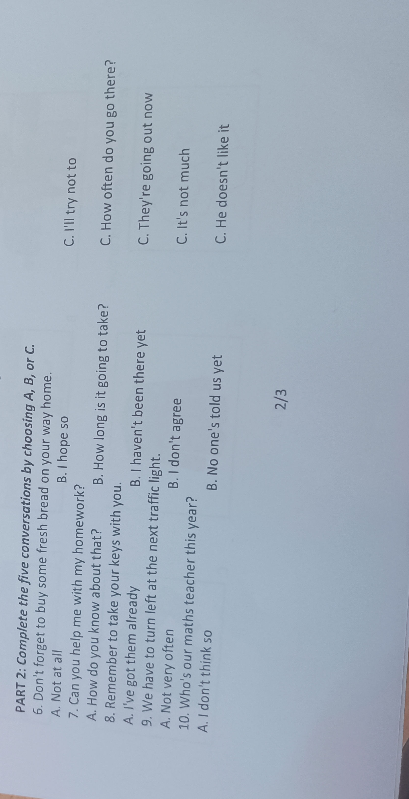 PART 2: Complete the five conversations by | StudyX