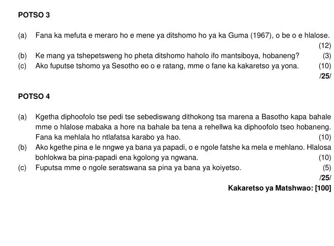 POTSO 3 (a) Fana ka mefuta e meraro ho e | StudyX