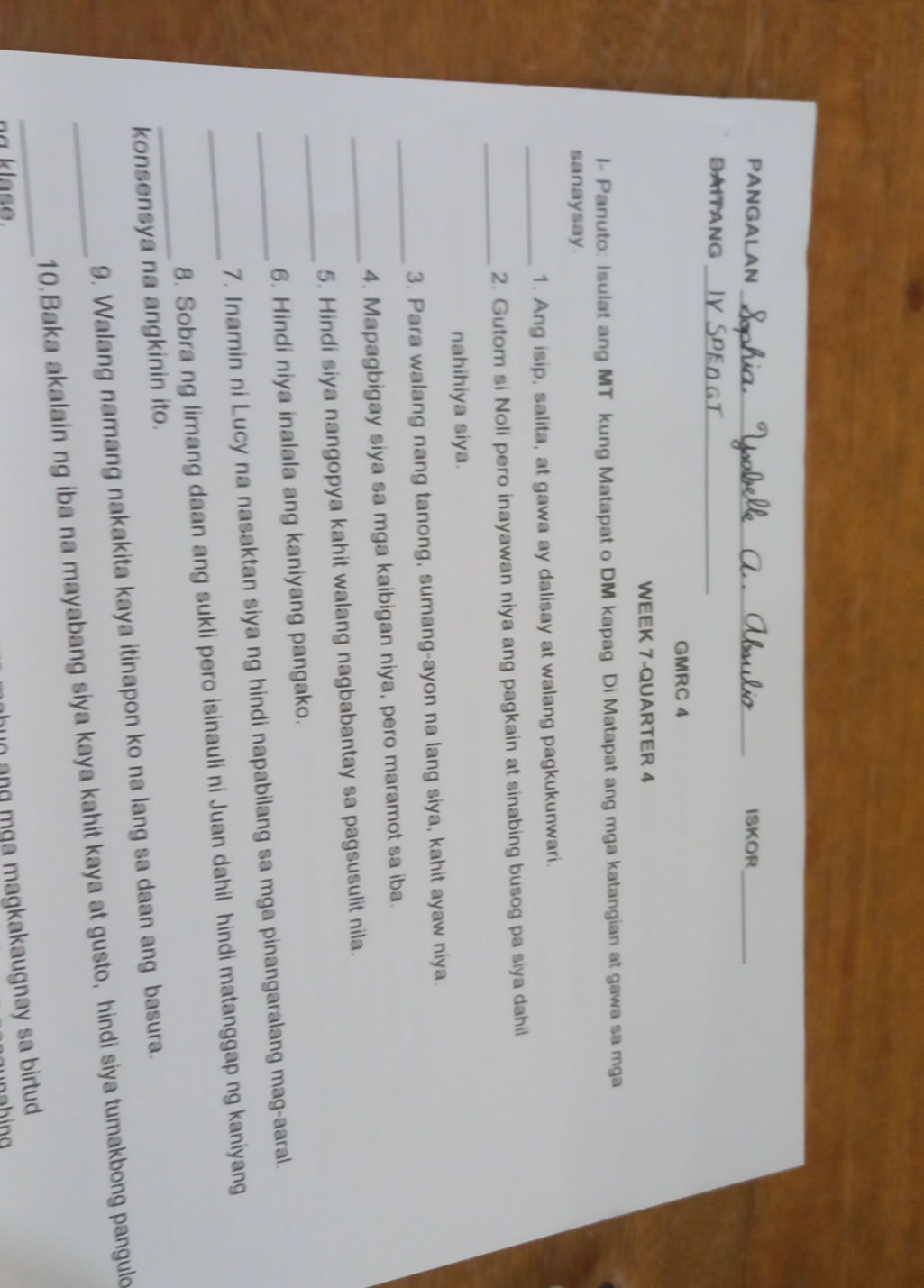 I- Panuto: Isulat ang MT kung Matapat o DM | StudyX