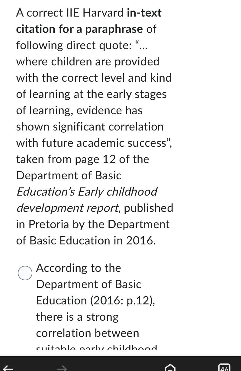 A correct IIE Harvard in-text citation for a | StudyX