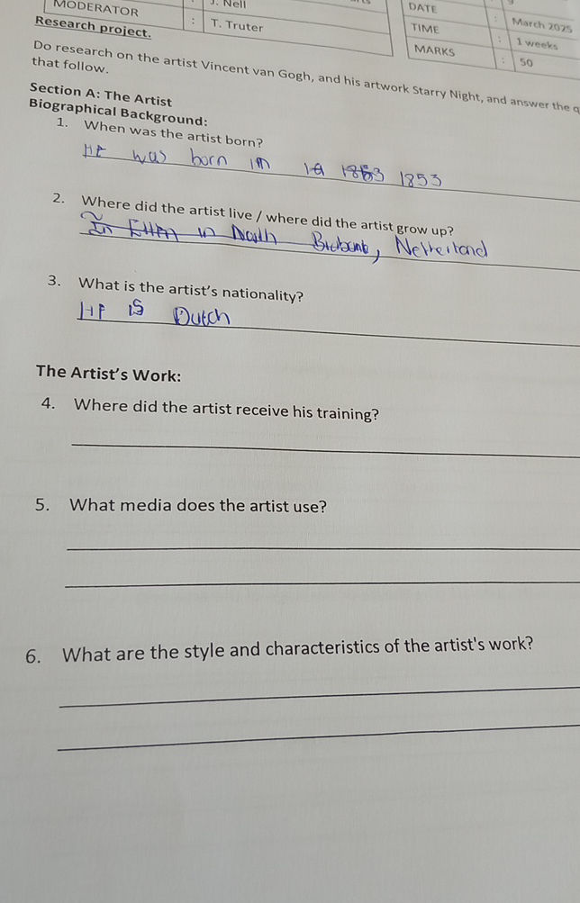 Do research on the artist Vincent van Gogh, | StudyX