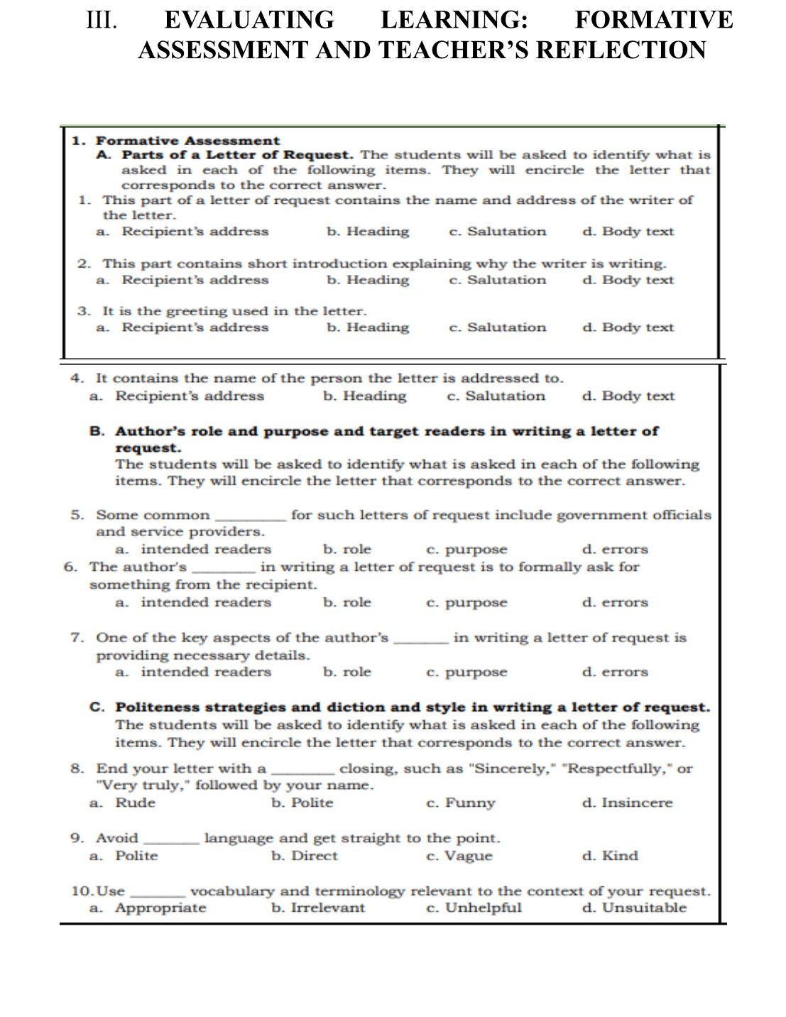 1. Formative Assessment A. Parts of a | StudyX