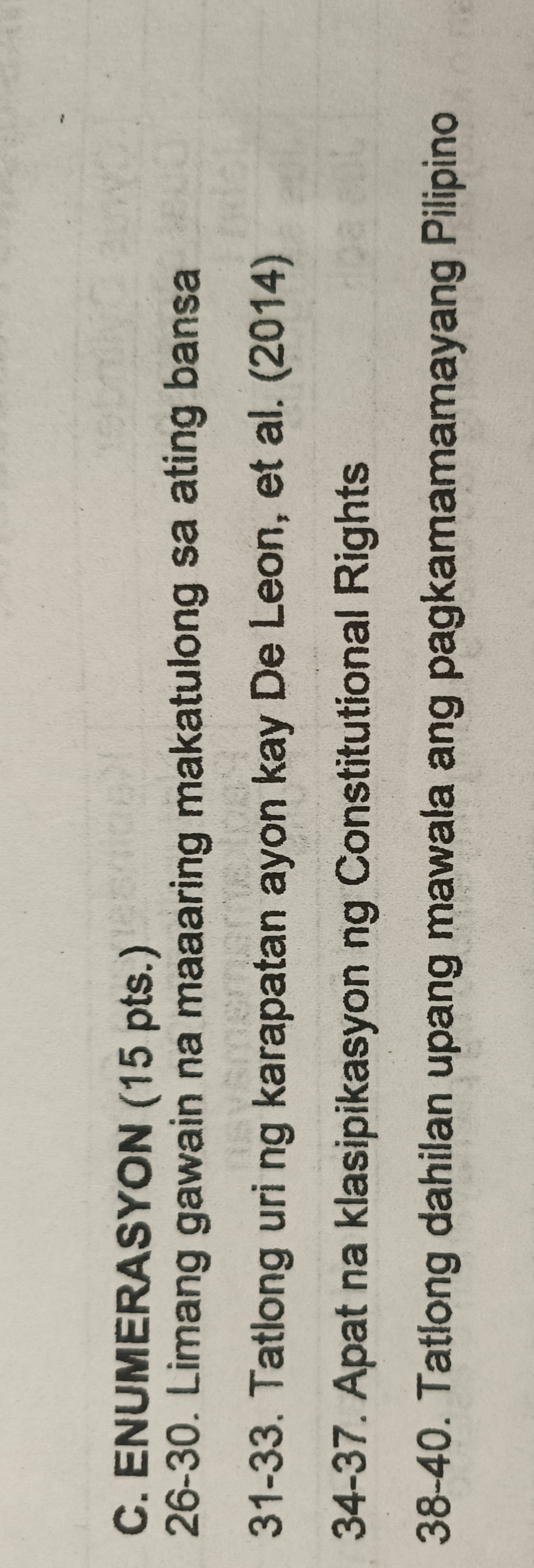 C. ENUMERASYON (15 pts.) 26-30. Limang | StudyX