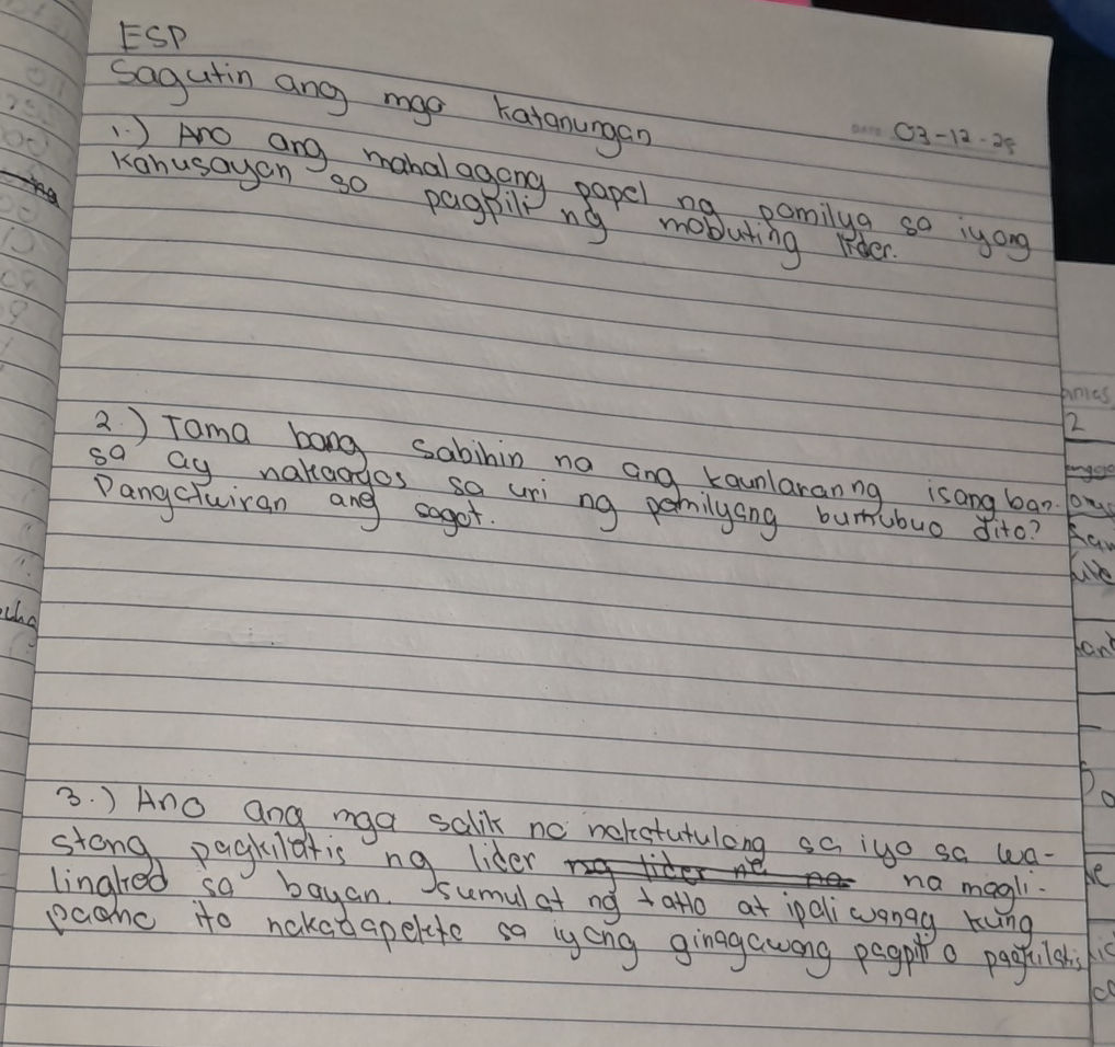 ESP Sagutin ang mga katanungan. 1.) Ano ang | StudyX