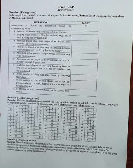 Gawain 1 (Unang araw) Isulat ang titik na | StudyX