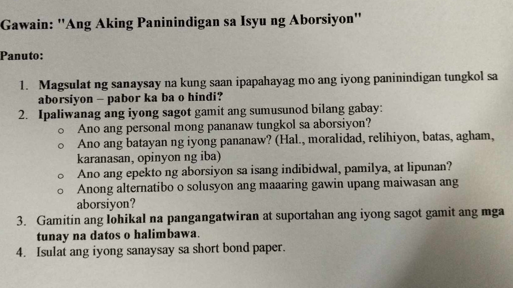 Gawain: "Ang Aking Paninindigan sa Isyu ng | StudyX