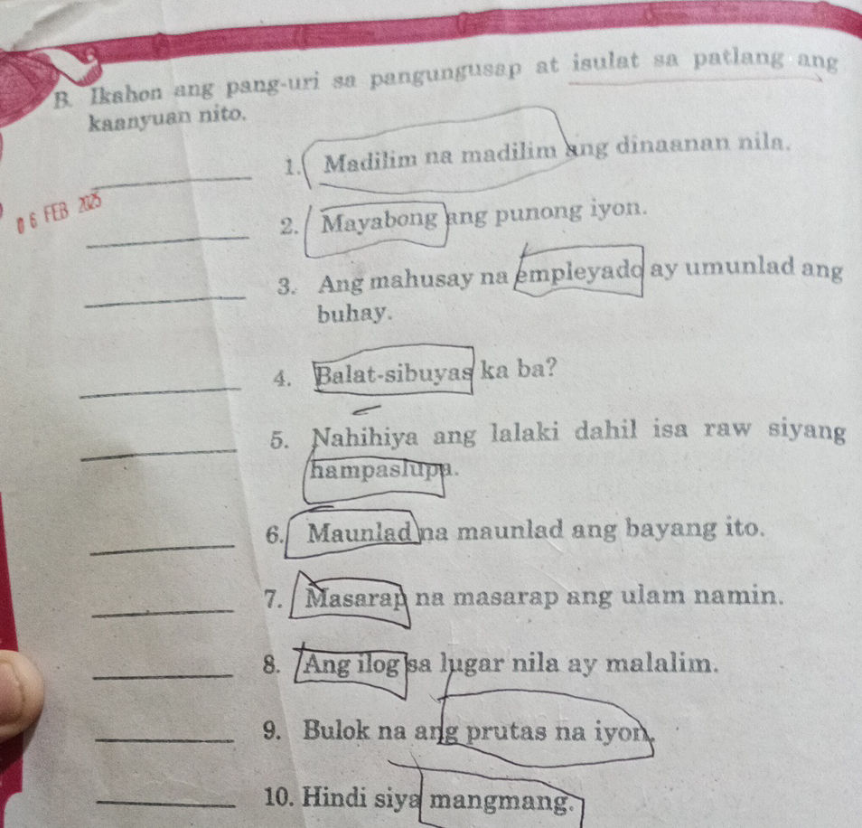 B. Ikahon ang pang-uri sa pangungusap at | StudyX