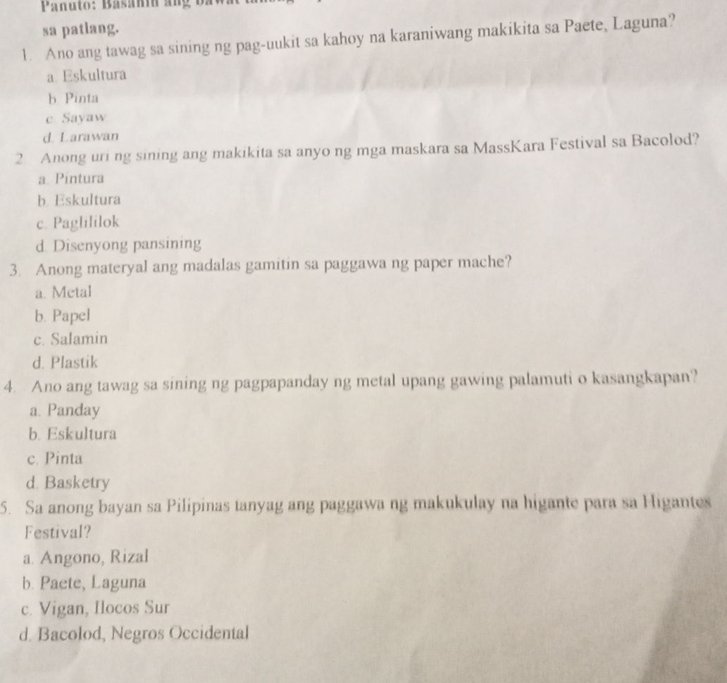 1. Ano ang tawag sa sining ng pag-uukit sa | StudyX