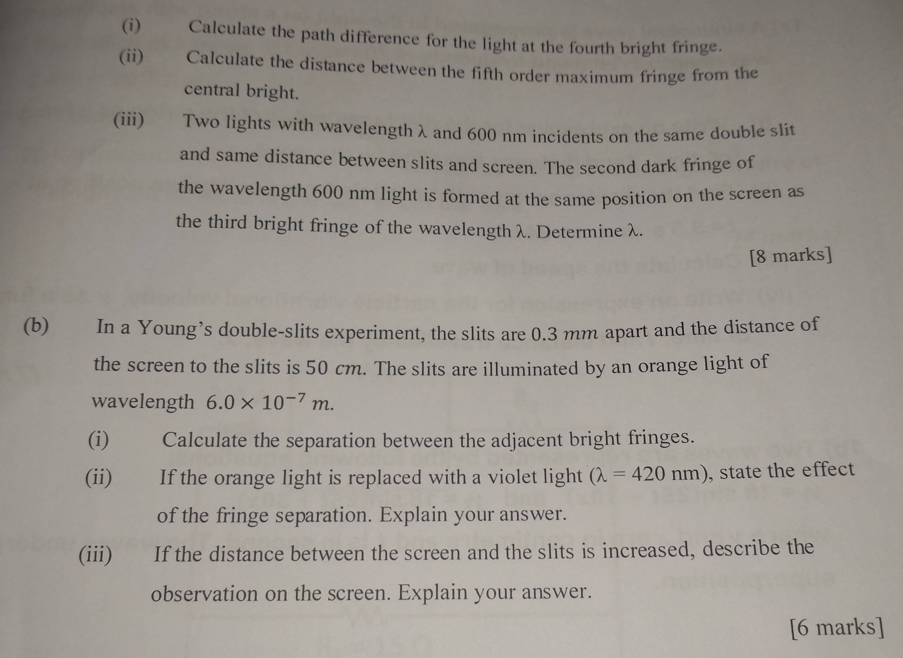 (i) Calculate the path difference for the | StudyX