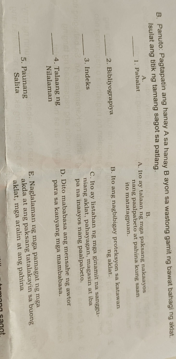 B. Panuto: Pagtapatin ang hanay A sa hanay B | StudyX