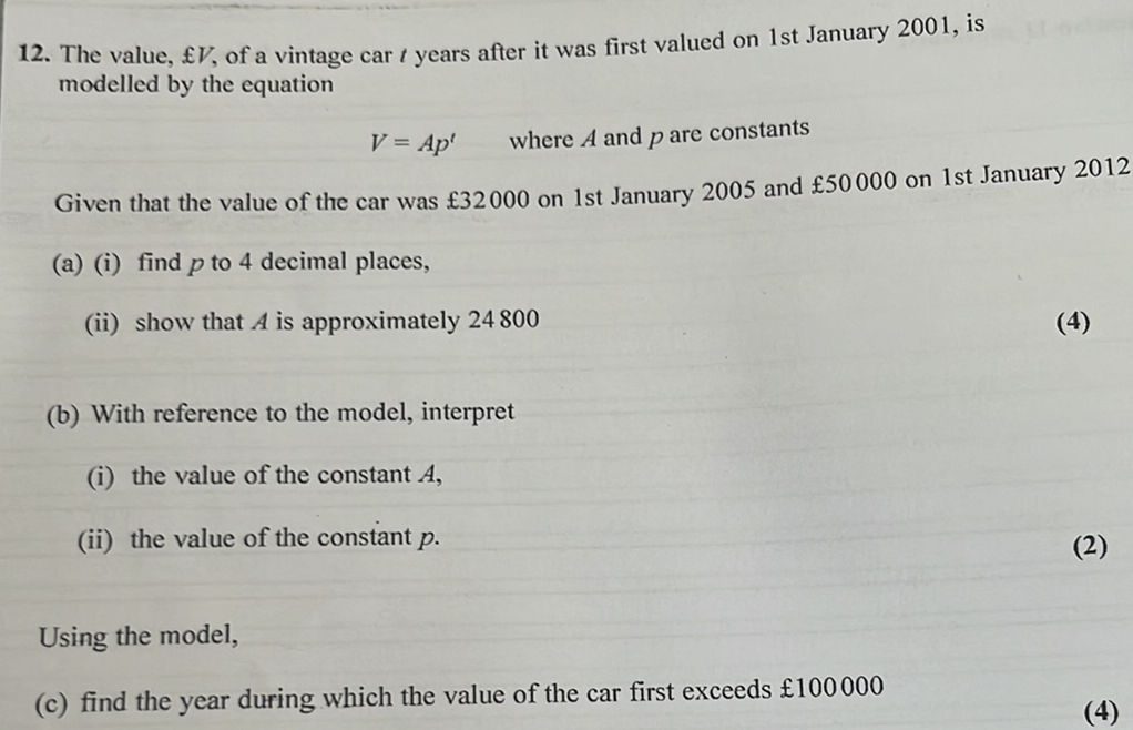 12. The value, £V, of a vintage car *t* | StudyX