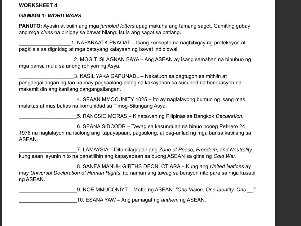 WORKSHEET 4 GAWAIN 1: WORD WARS PANUTO: | StudyX