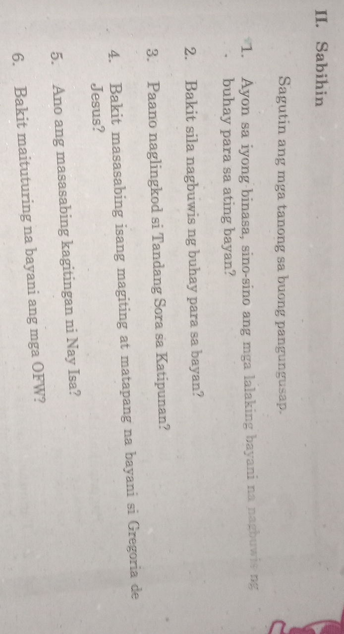 II. Sabihin Sagutin ang mga tanong sa buong | StudyX