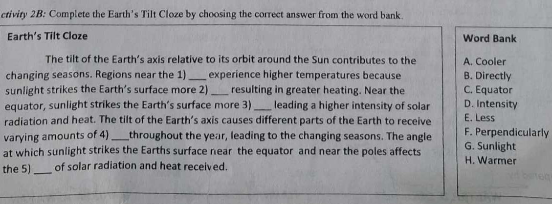 Activity 2B: Complete the Earth's Tilt Cloze | StudyX