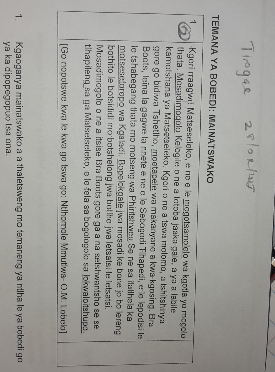 1. Kgaoganya mainatswako a a thaletsweng mo | StudyX