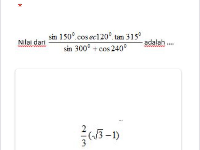 Nilai dari {sin 150^ cosec 120^ tan | StudyX