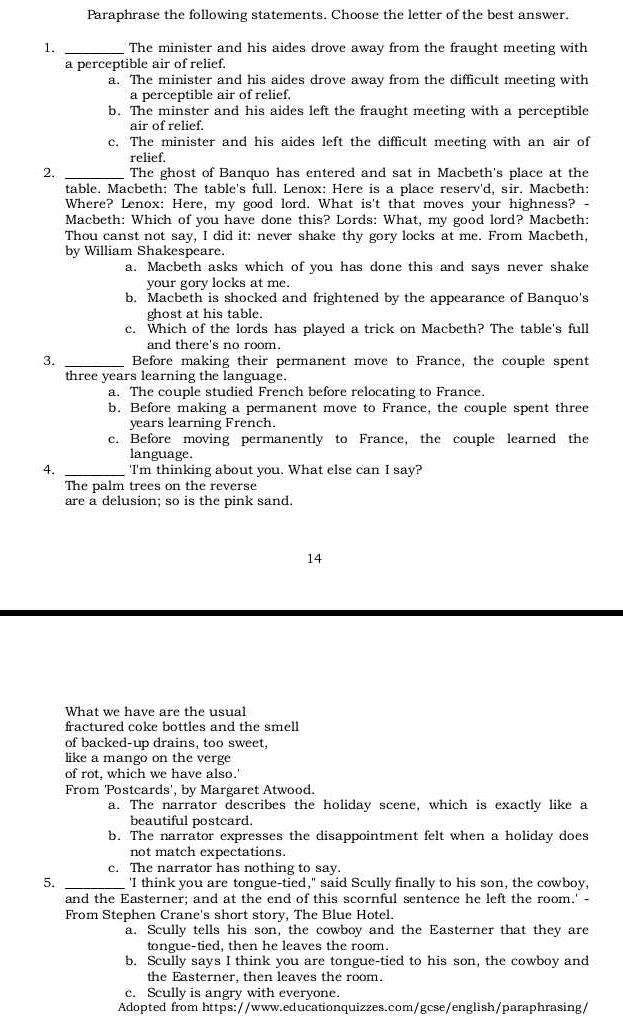 Paraphrase the following statements. Choose | StudyX