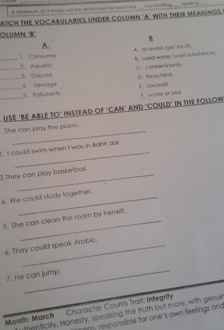 MATCH THE VOCABULARIES UNDER COLUMN 'A' WITH | StudyX