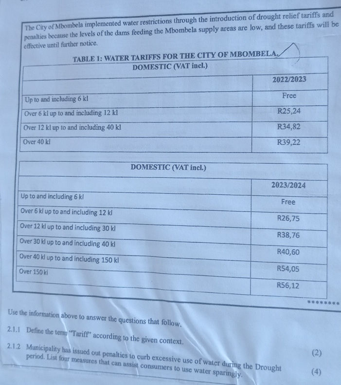 TABLE 1: WATER TARIFFS FOR THE CITY OF | StudyX