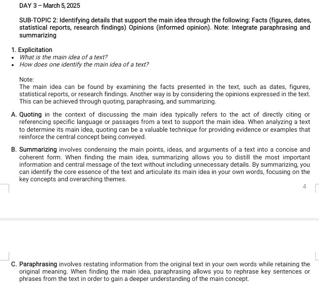 1. Explicitation * What is the main idea | StudyX