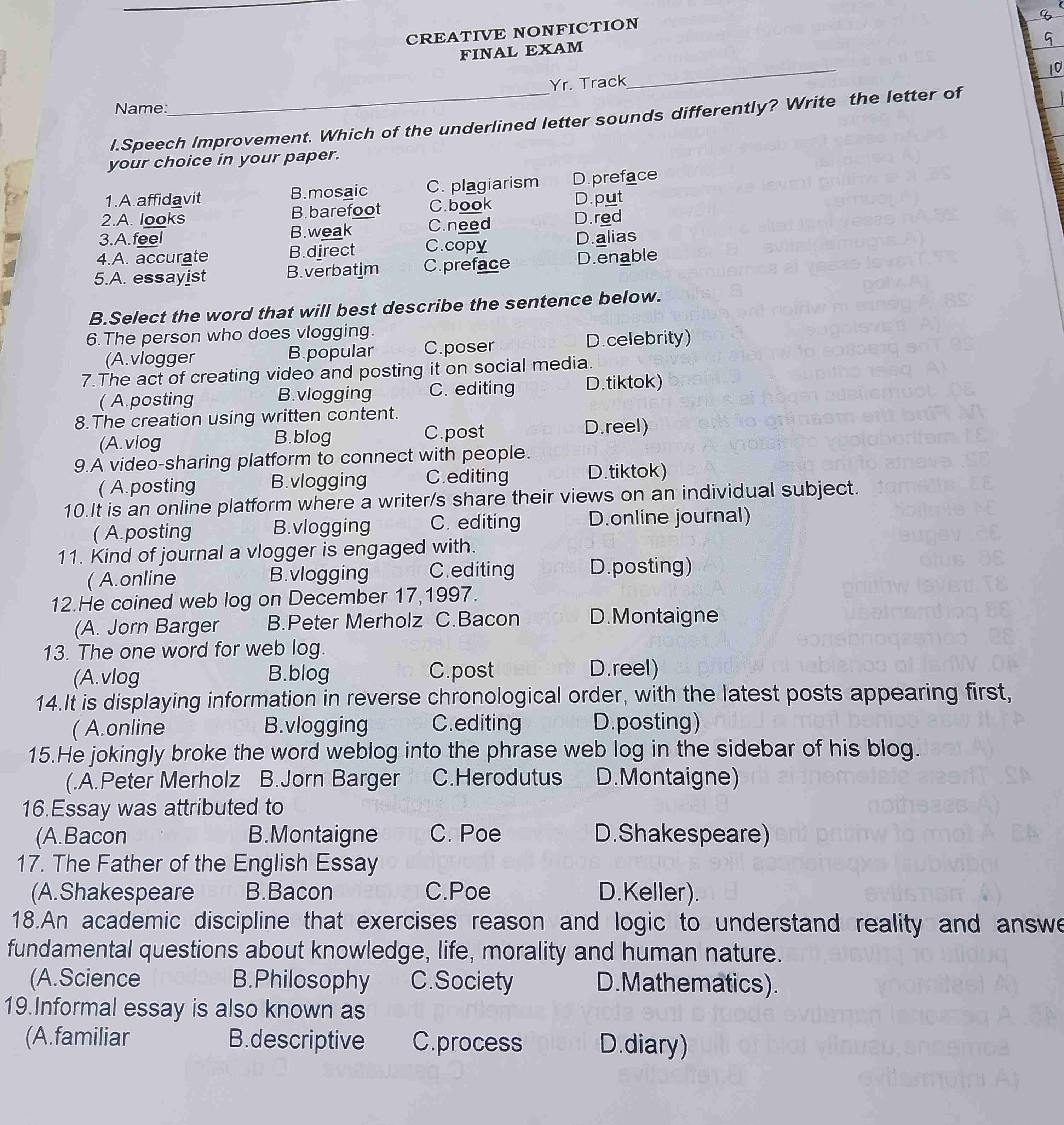 1. Speech Improvement. Which of the | StudyX