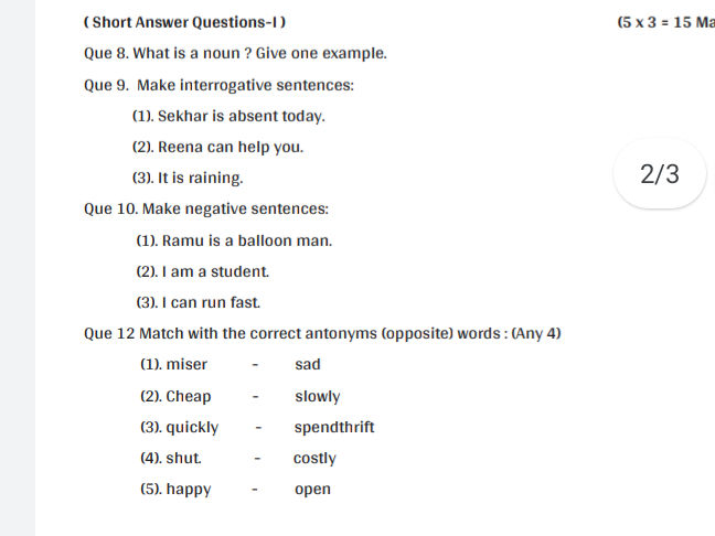 Que 8. What is a noun? Give one example. | StudyX