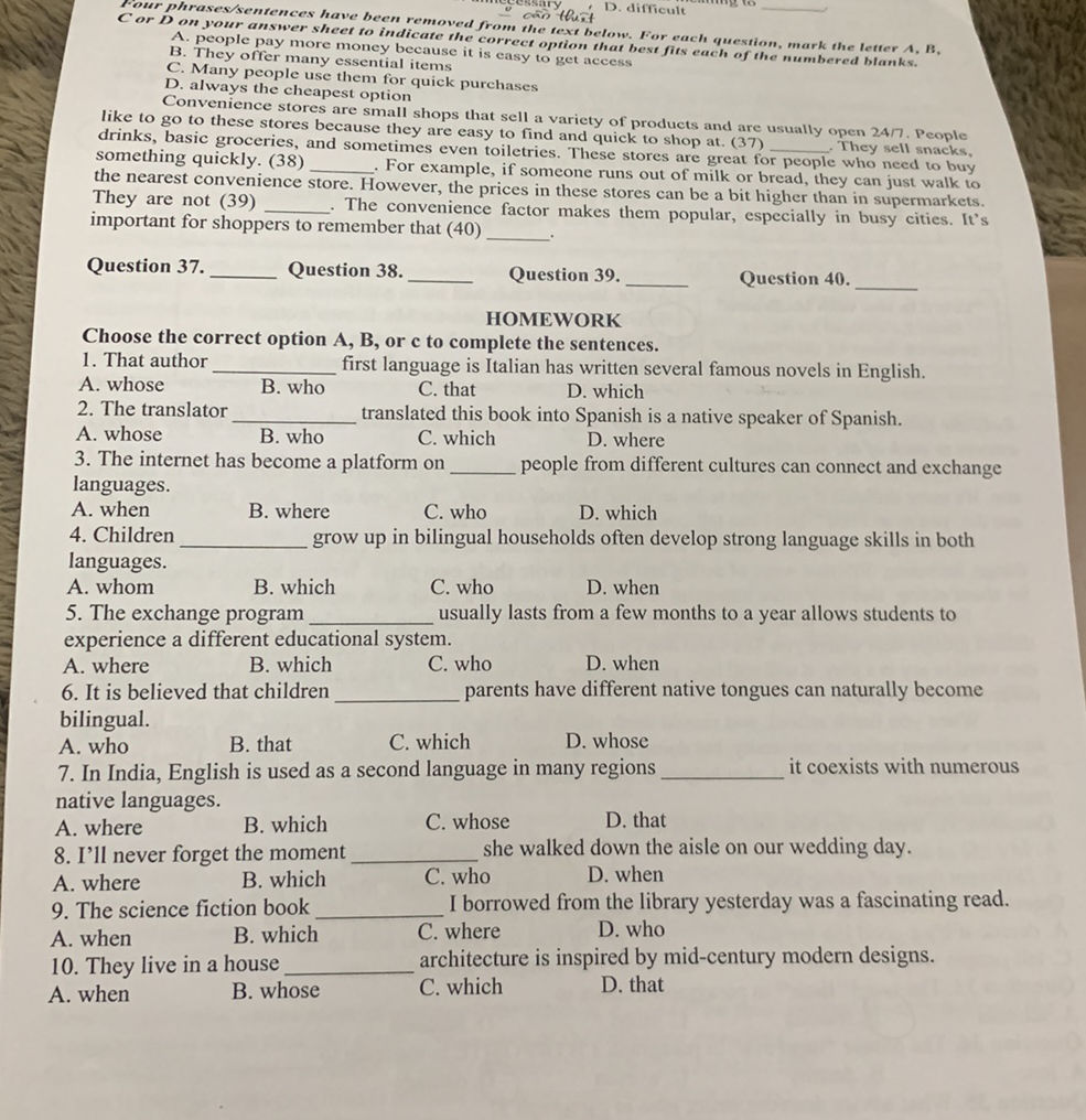 HOMEWORK Choose the correct option A, B, or | StudyX