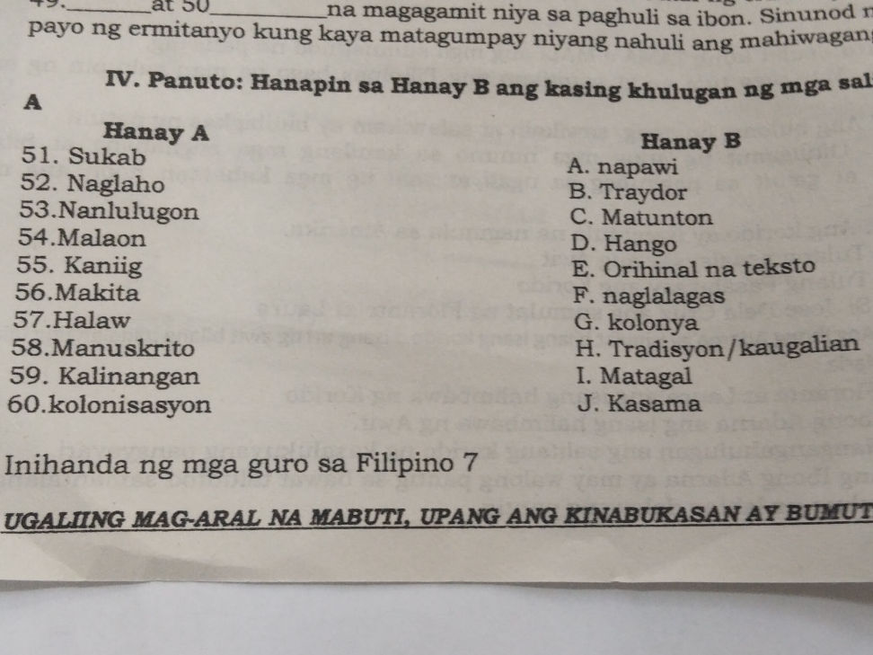 IV. Panuto: Hanapin sa Hanay B ang kasing | StudyX