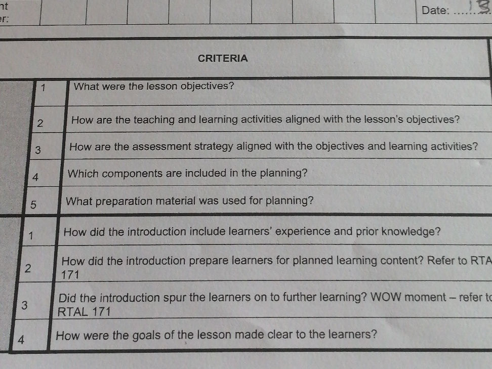 CRITERIA 1 What were the lesson objectives? | StudyX