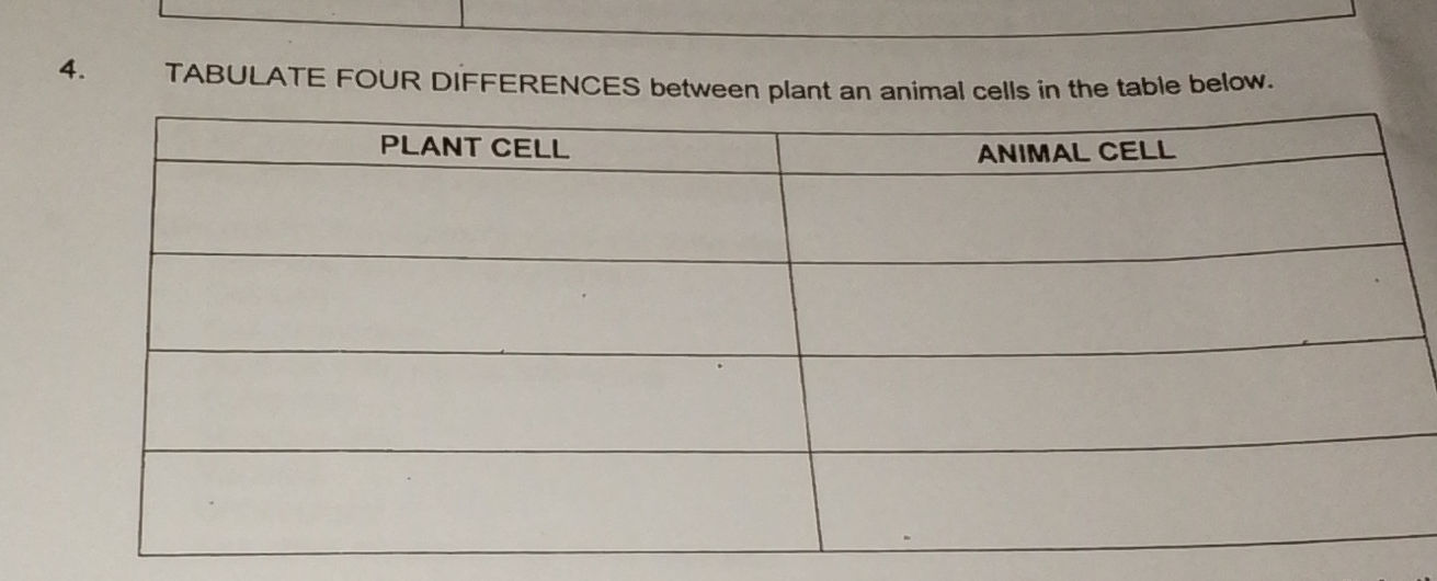 4. TABULATE FOUR DIFFERENCES between plant | StudyX