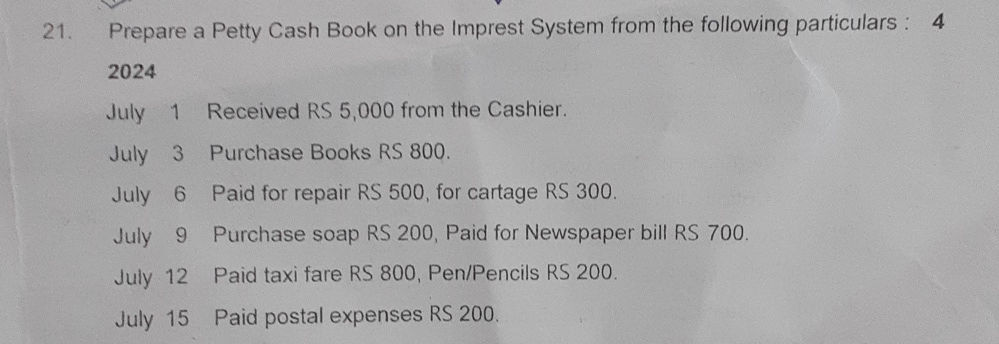 21. Prepare a Petty Cash Book on the Imprest | StudyX