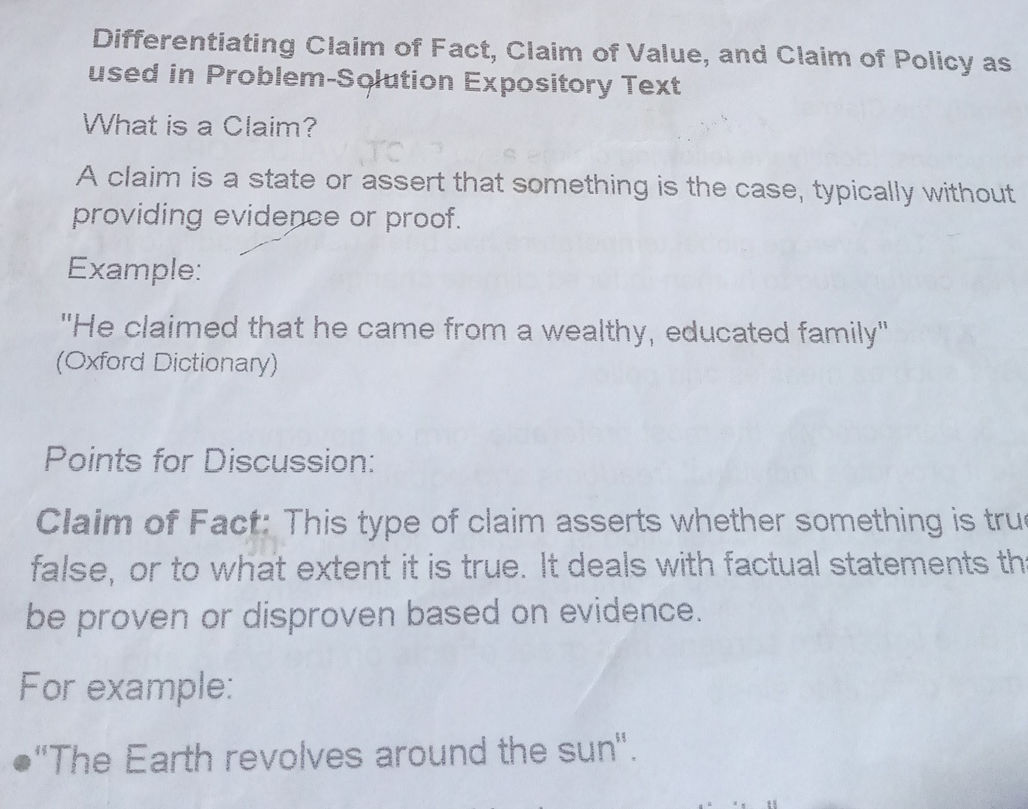 Differentiating Claim of Fact, Claim of | StudyX