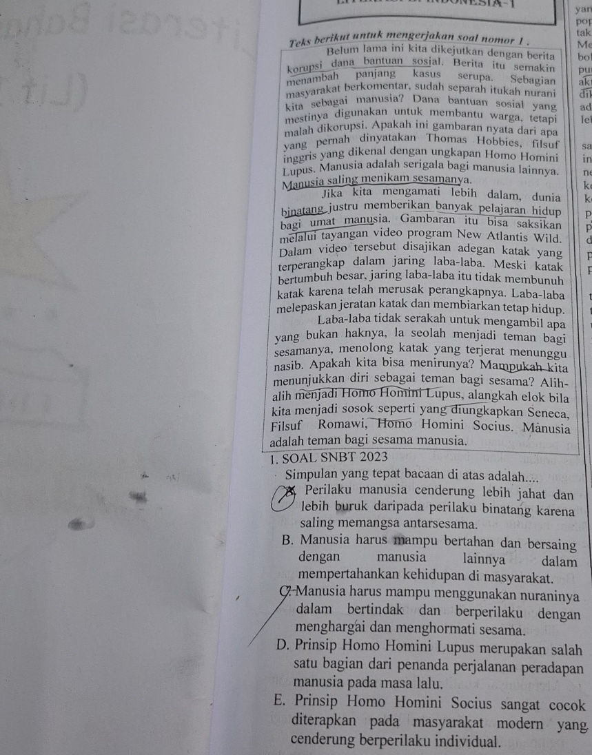 1. SOAL SNBT 2023 Simpulan yang tepat bacaan | StudyX