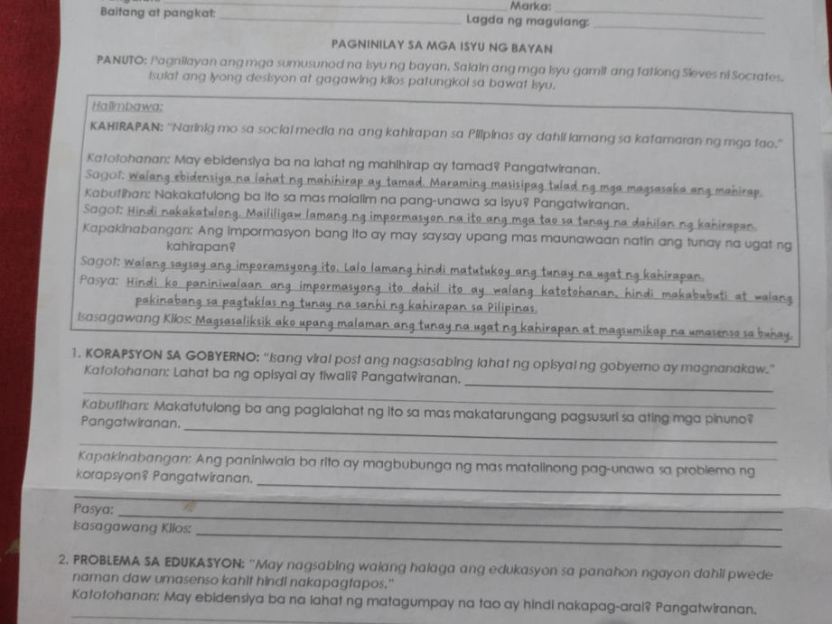PANUTO: Pagnilayan ang mga sumusunod na isyu | StudyX