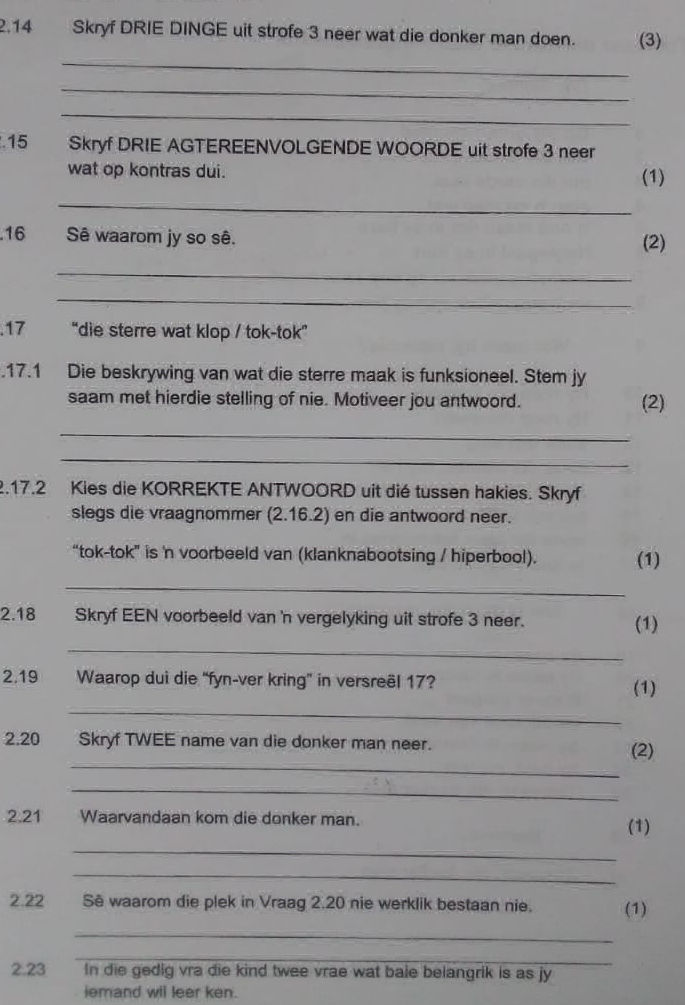 2.14 Skryf DRIE DINGE uit strofe 3 neer wat | StudyX