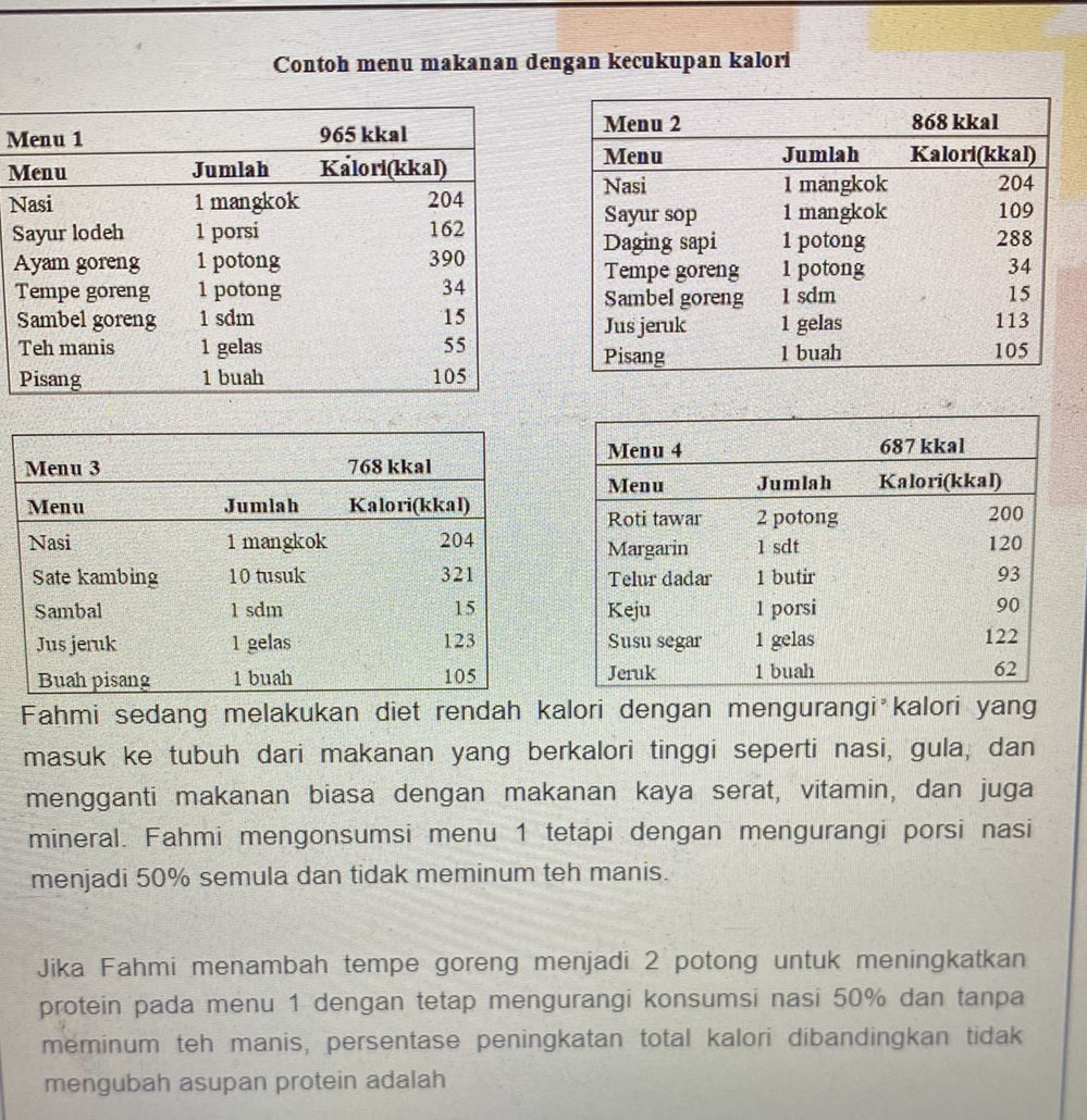 Contoh menu makanan dengan kecukupan kalori | StudyX
