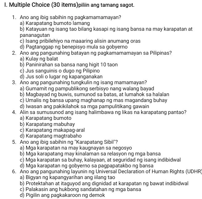 I. Multiple Choice (30 items) piliin ang | StudyX