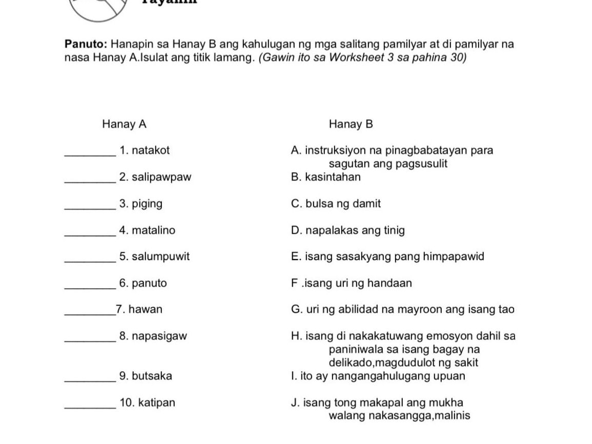 Panuto: Hanapin sa Hanay B ang kahulugan ng | StudyX