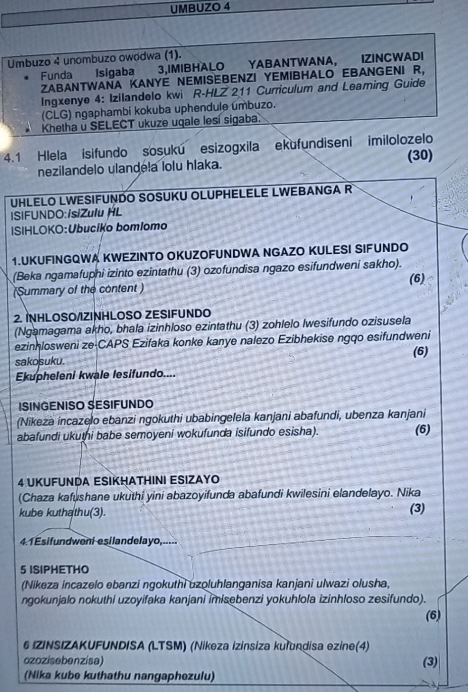 Umbuzo 4 unombuzo owodwa (1). 4.1 Hlela | StudyX