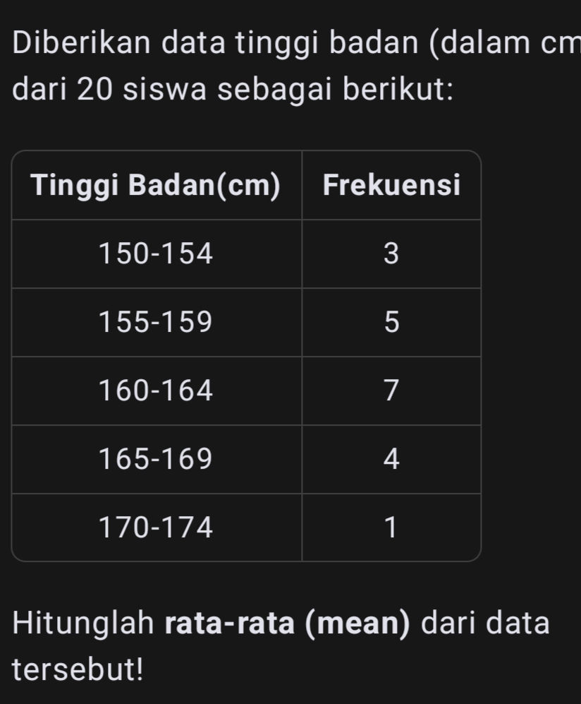 Diberikan data tinggi badan (dalam cm) dari | StudyX