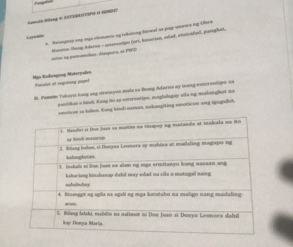 Gawain Bilang 4: ESTEREOTIPO O HINDI? | StudyX