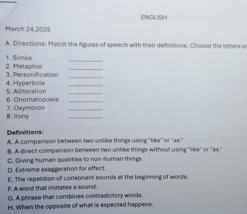 A. Directions: Match the figures of speech | StudyX