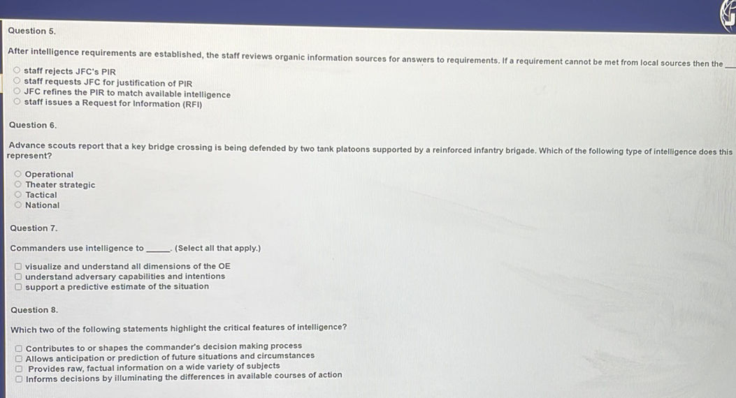 Question 5. After intelligence requirements | StudyX