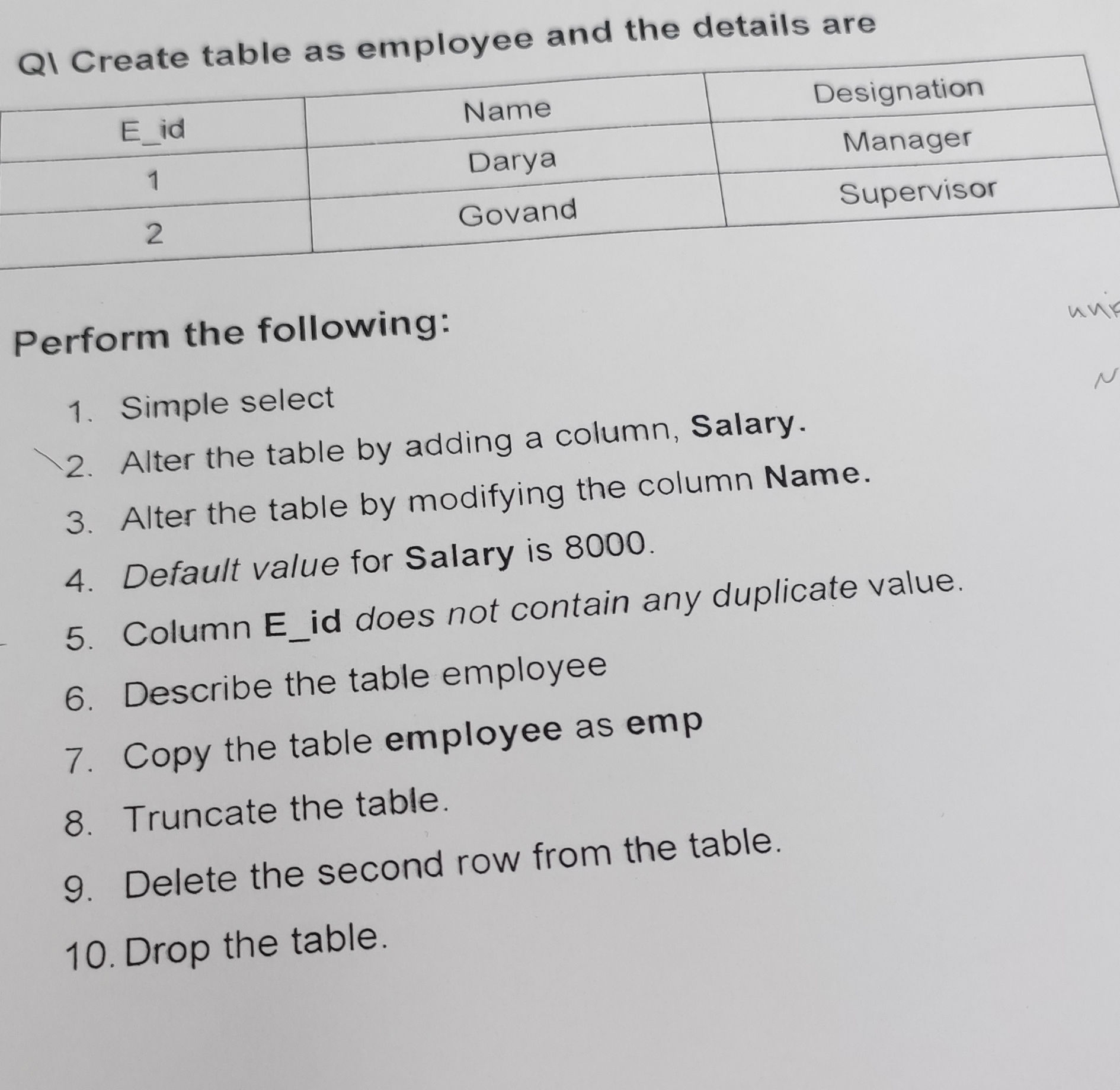 Create table as employee and the details are | StudyX