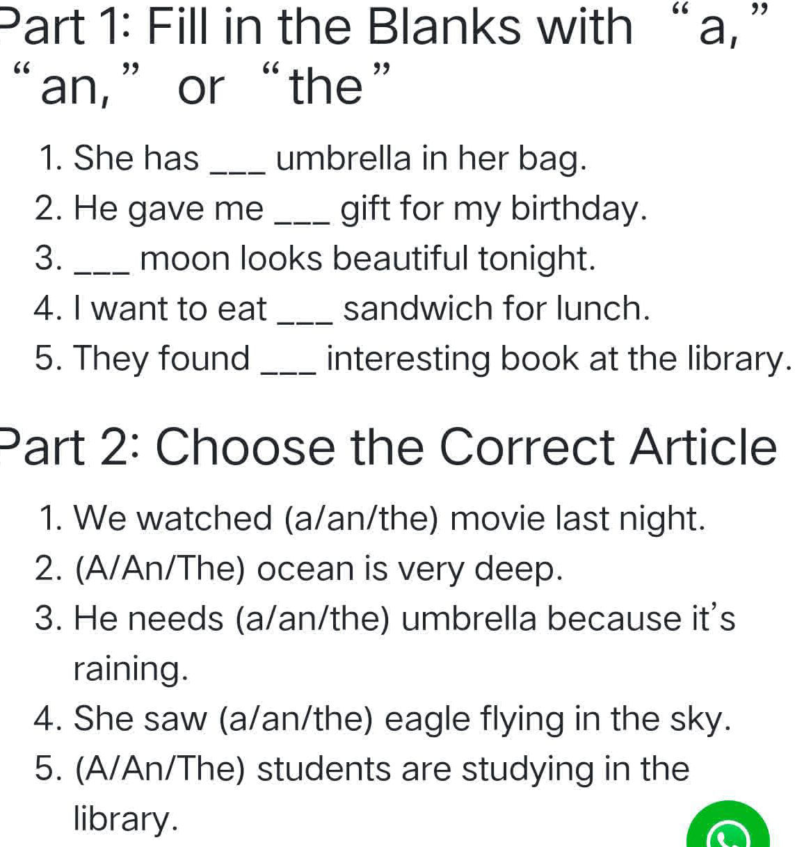 Part 1: Fill in the Blanks with "a," "an," | StudyX