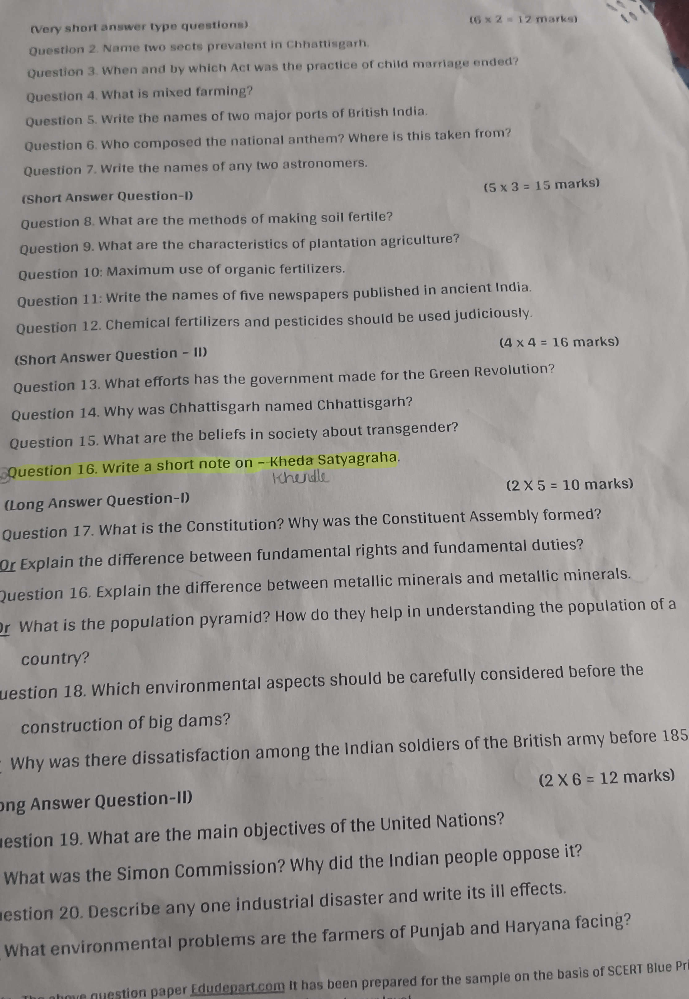 Question 16. Write a short note on - Kheda | StudyX