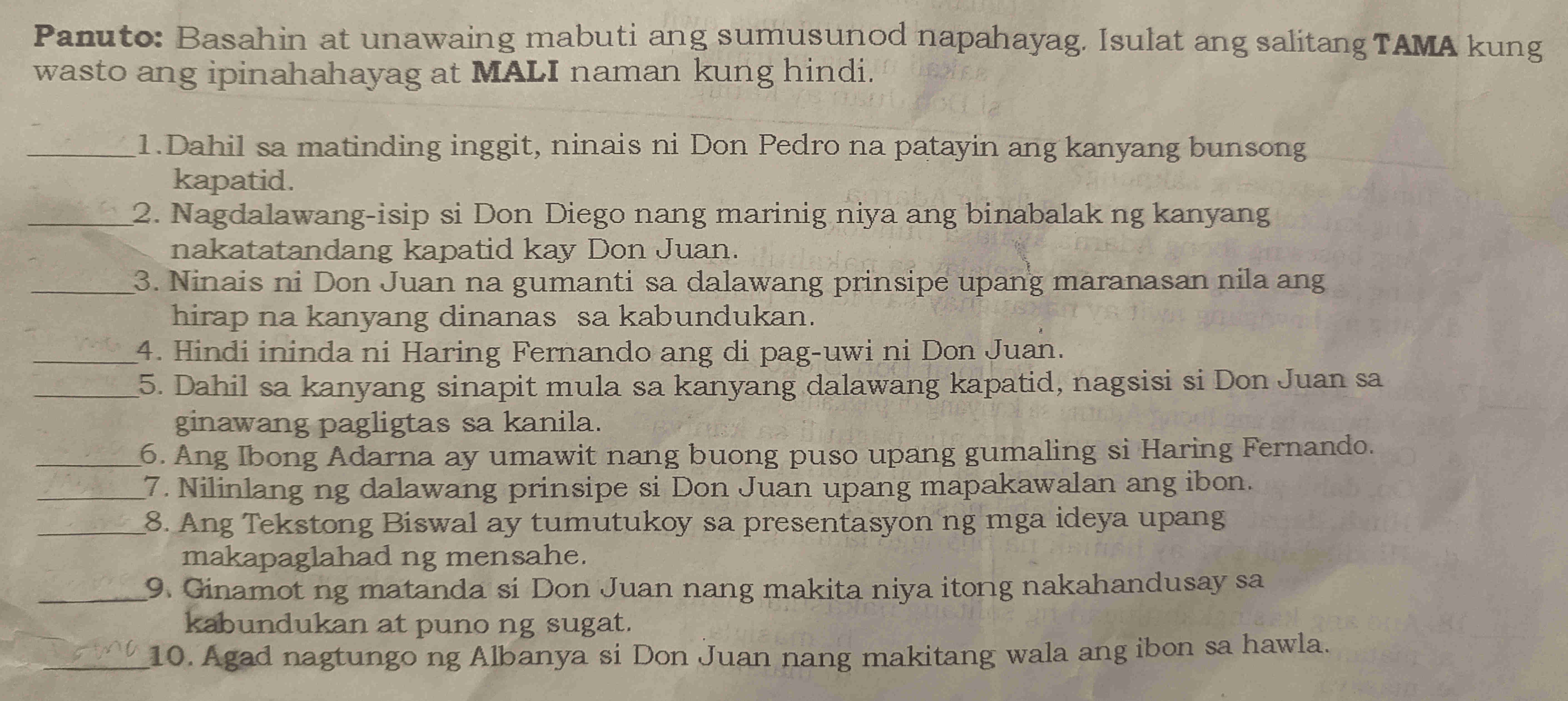 Panuto: Basahin at unawaing mabuti ang | StudyX