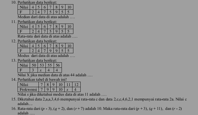 10. Perhatikan data berikut: | Nilai | 4 | | StudyX